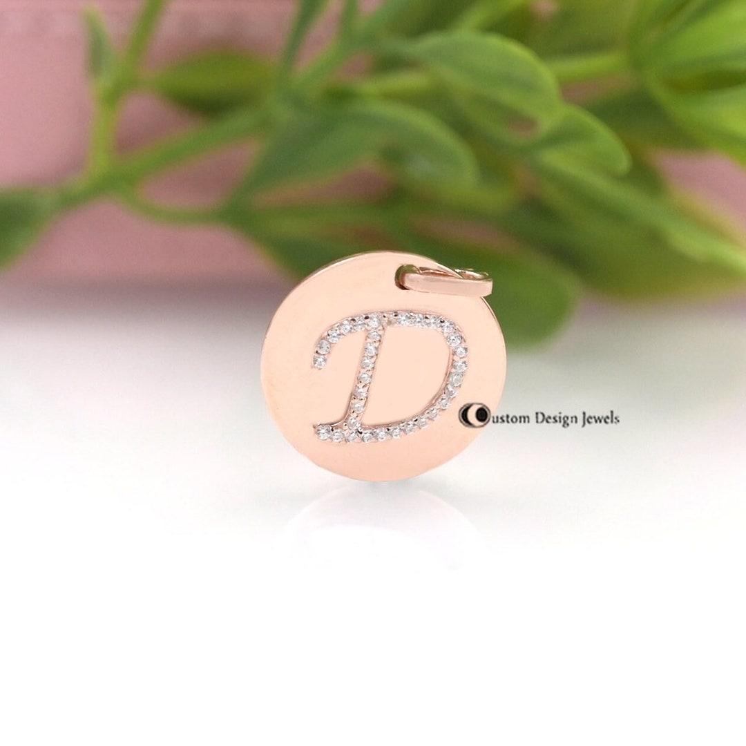 14K Gold Plated Gemstone Initial Disc Pendant, Pave Initial Disc Pendant, Moissanite Letter ...