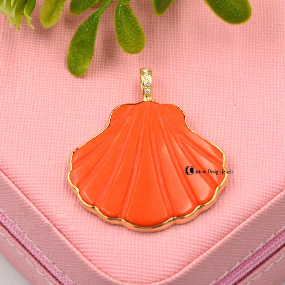 14K Gold Gemstone Shell Pendant, Coral Shell Pendant, Large Scallop ...