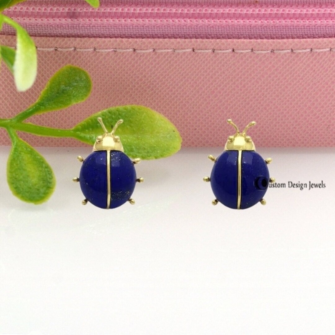 14k Gold Plated Ladybug Studs Earrings, Gemstone Ladybug Stud, Lapis ...