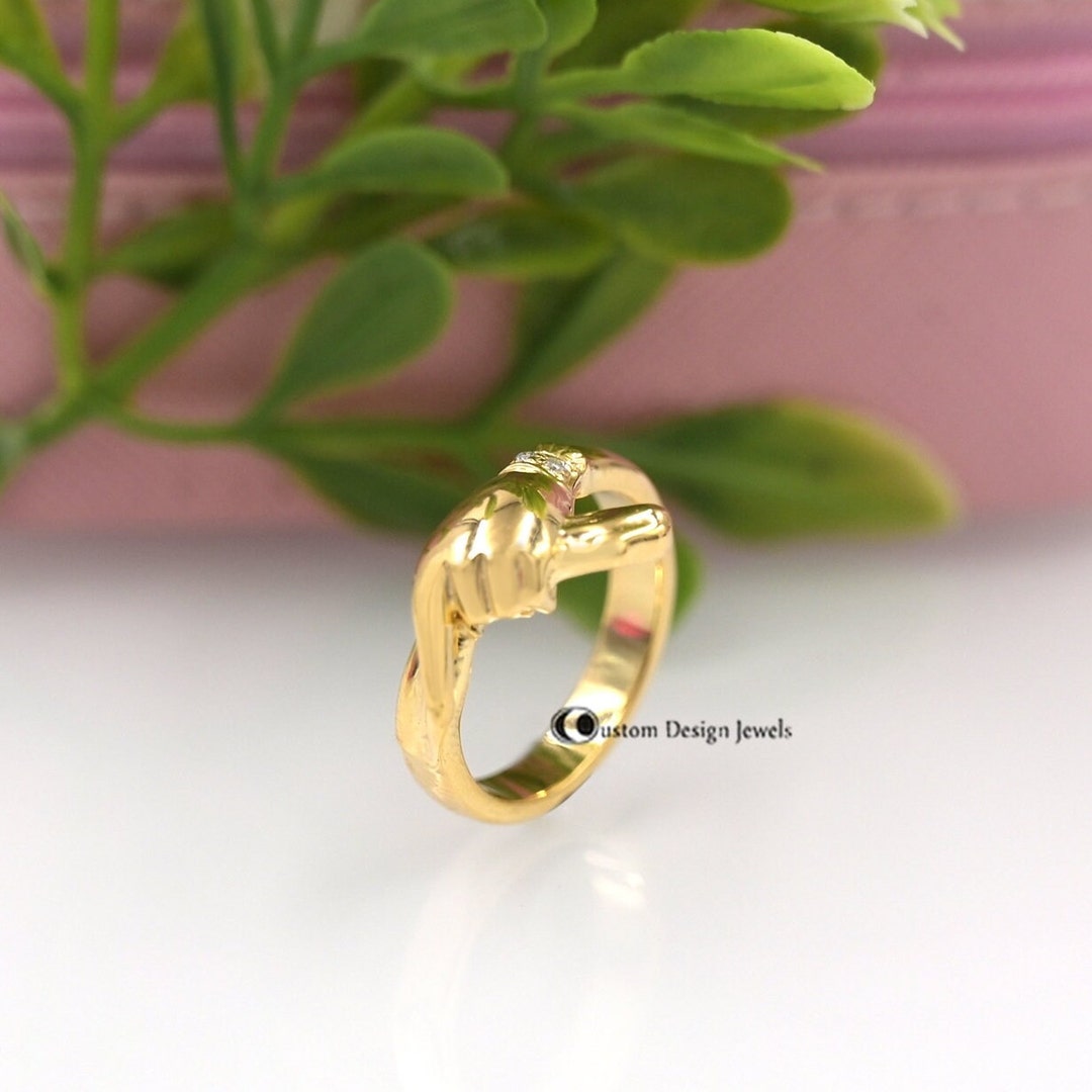 14K Gold Diamond Hand Ring, Two Hands Ring, Gold Holding Hand Ring ...