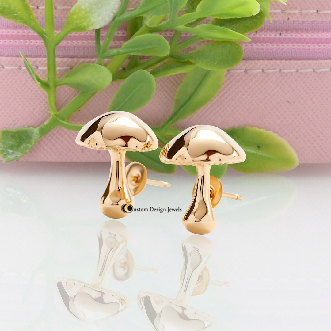 14K Solid Gold Mushroom Stud Earrings , Tiny Gold Mushroom Stud , Gold ...
