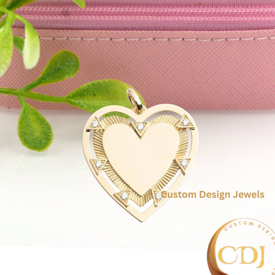 14k Gold Designer Fluted Heart Diamond Pendant, Heart Charm Pendants ...