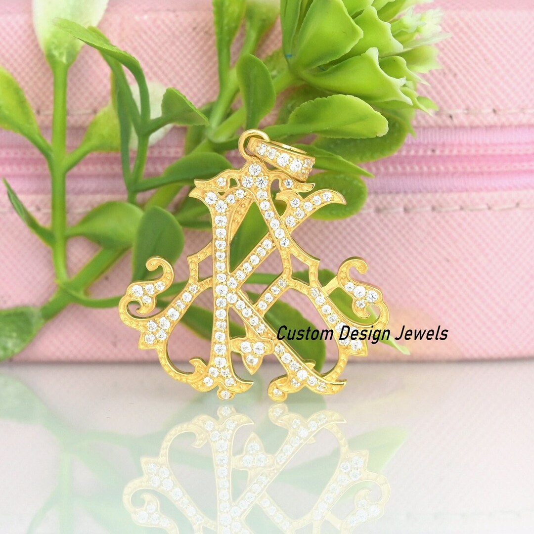 Diamond Monogram Pendant, Diamond Two Tone Monogram Necklace, 925 ...