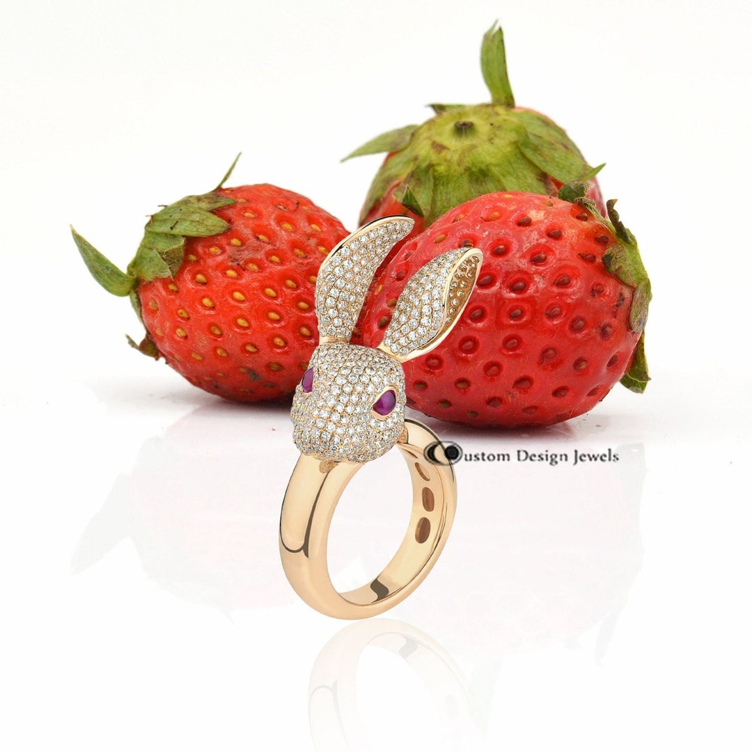 Silver Diamond Rabbit Ring: Ruby Eyes, Stacking Bunny Ring - Etsy