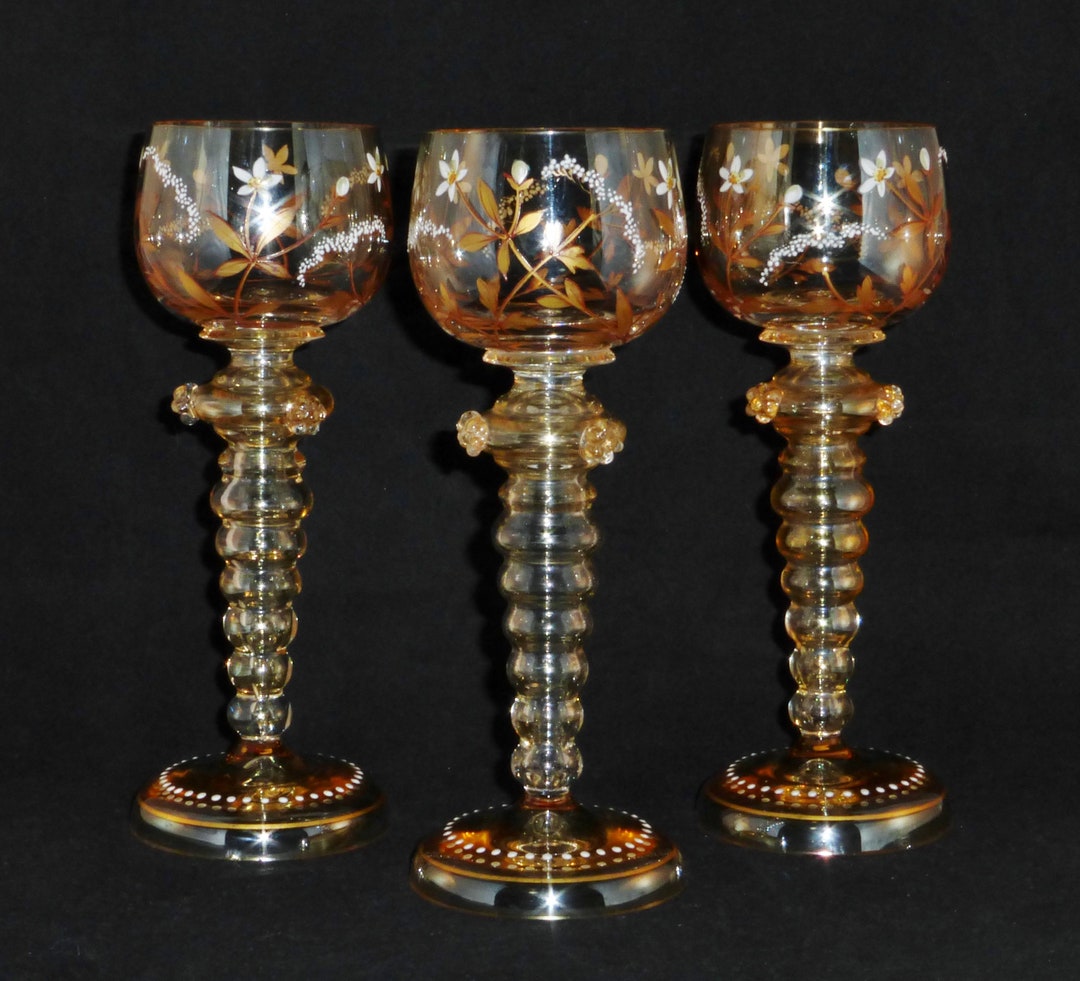 3 Antique Fritz Heckert Hand Enameled Gold Floral Luster Hocks Wine ...