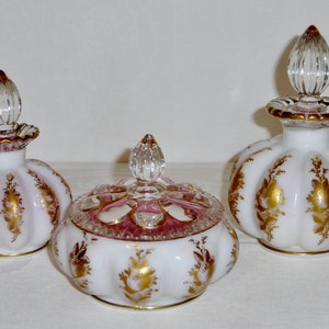 FENTON Peach Crest TYNDALE Gold Roses Melon Vanity Set Perfume Bottles ...