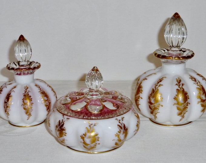 FENTON Peach Crest TYNDALE Gold Roses Melon Vanity Set Perfume Bottles ...