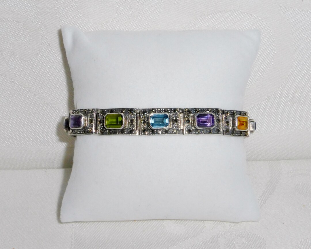 Vintage Deco Style Silver Bracelet With 10 Multi-color Gemstones ...