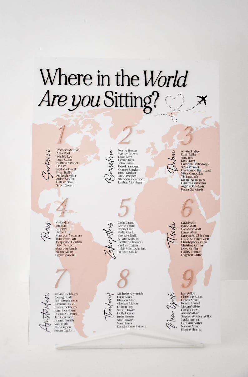 World Map Wedding Seating Chart: Acrylic Destination Themed Table Plan ...