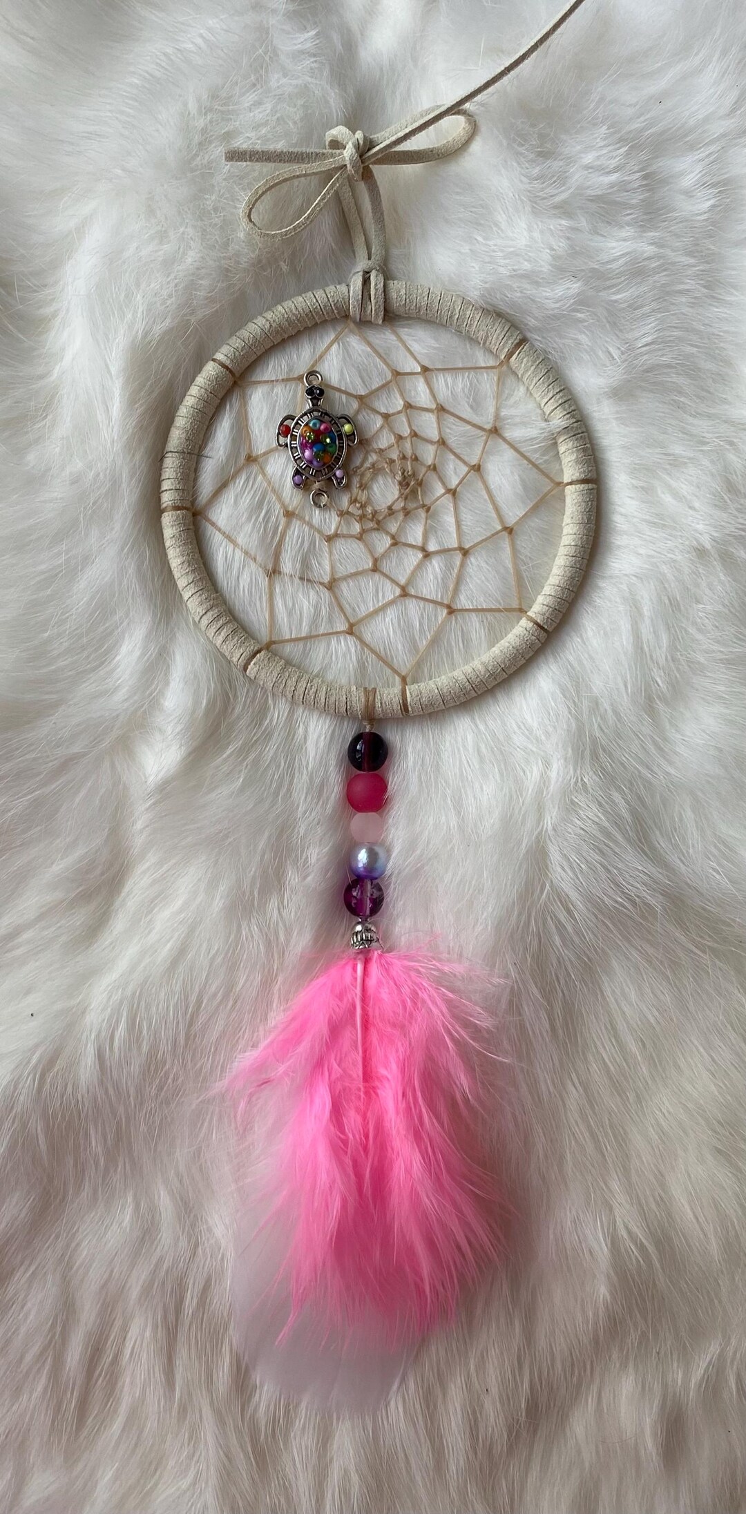 Indigenous Made 3 Inch Wide Turtle Themed Small Dream Catcher. Pink and ...