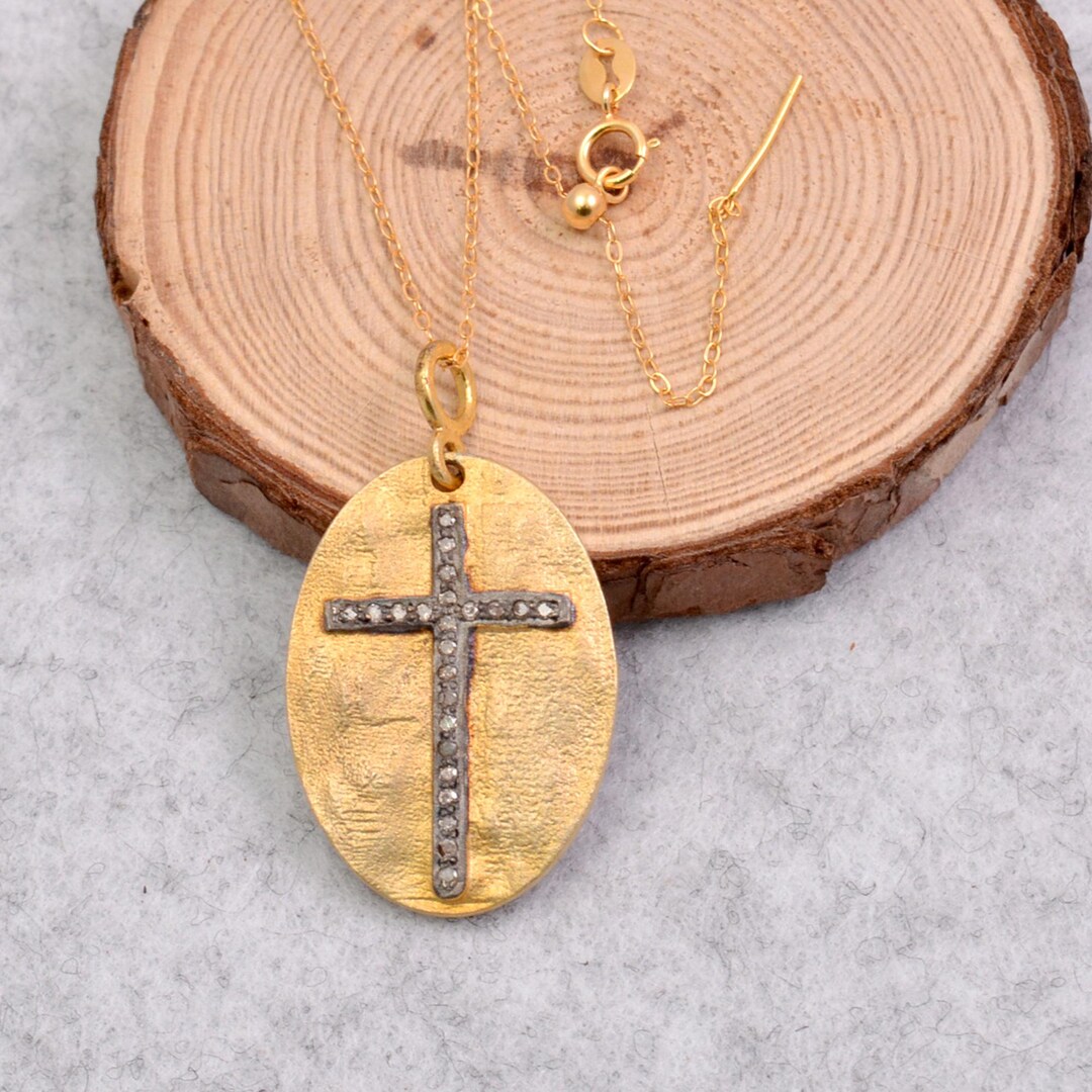 Victorian Pave Diamond Cross Necklace, Oval Cross Pendant Necklace ...