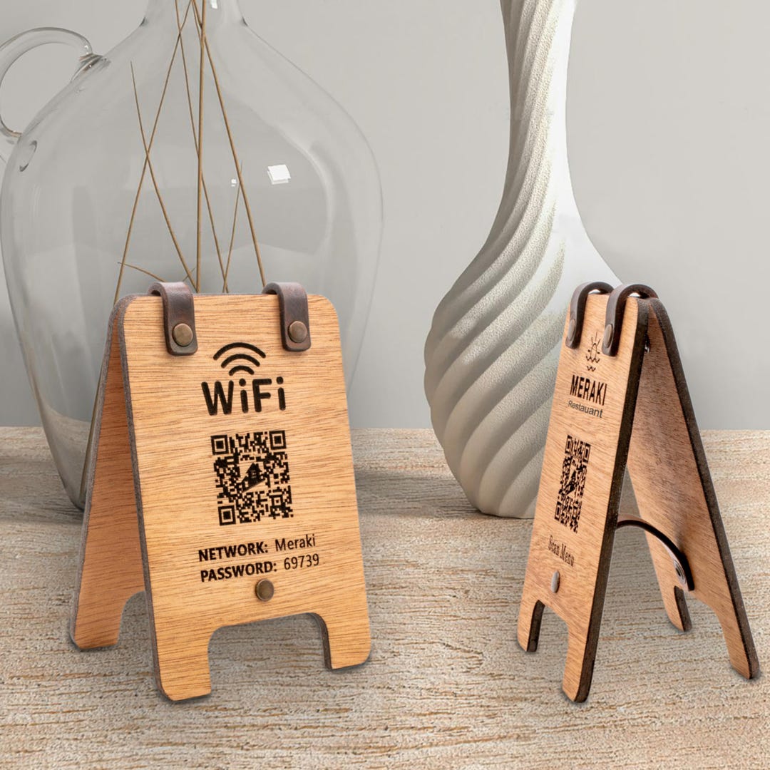 Handmade Wooden Wifi and Menu Qr Code Stand, Custom Double-sided Table ...