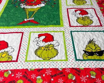 GRINCH Fabric QUILT Rag Quilt Dr Seuss Christmas 46x59 Toddler Baby ...