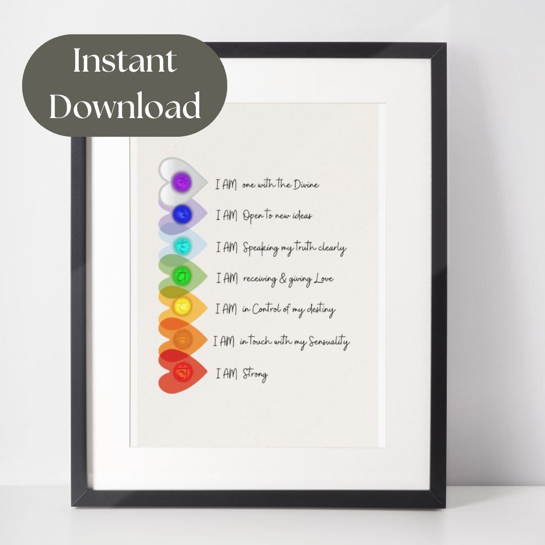 7 Chakras, I AM Mantras, Hearts Chakra, Chakra Art Print, Meditation ...