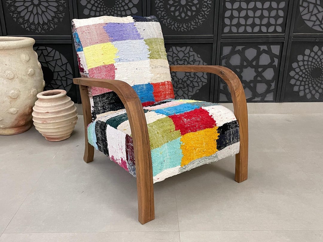 Handmade Moroccan Patchwork Chair - Vibrant Wool Accent Chair With ...