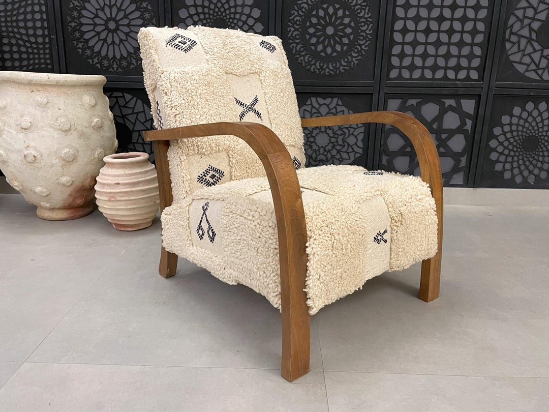 Handmade Moroccan Beni Ourain Wool Chair - Cozy Ivory and Black Accent ...