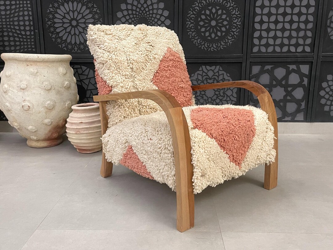 Handmade Moroccan Shearling Chair - Cream and Blush Wool Accent Chair ...