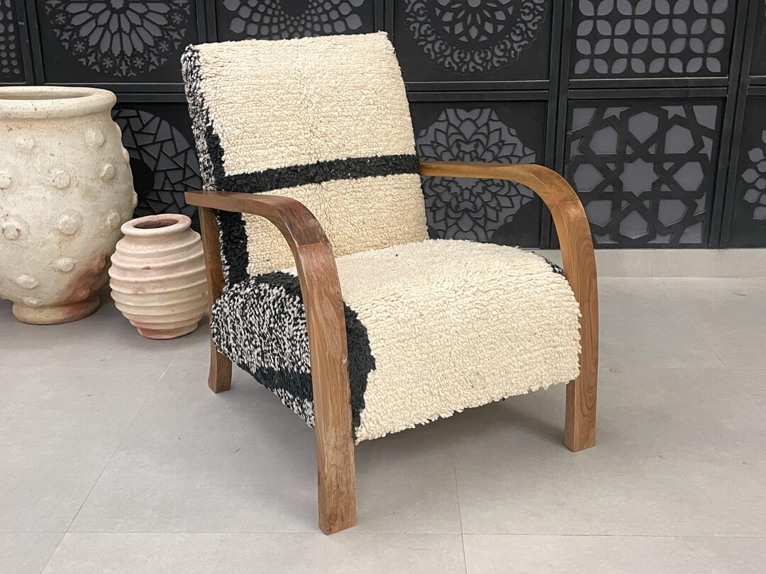 Minimalist Moroccan Shearling Chair - Black and White Wool Accent Chair ...