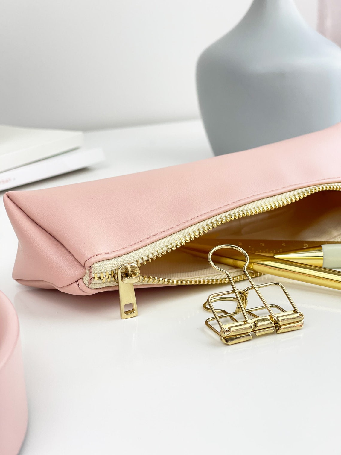 Blush Pink Pencil Case, Vegan Leather Case, Luxury Pen Pouch, Slim ...