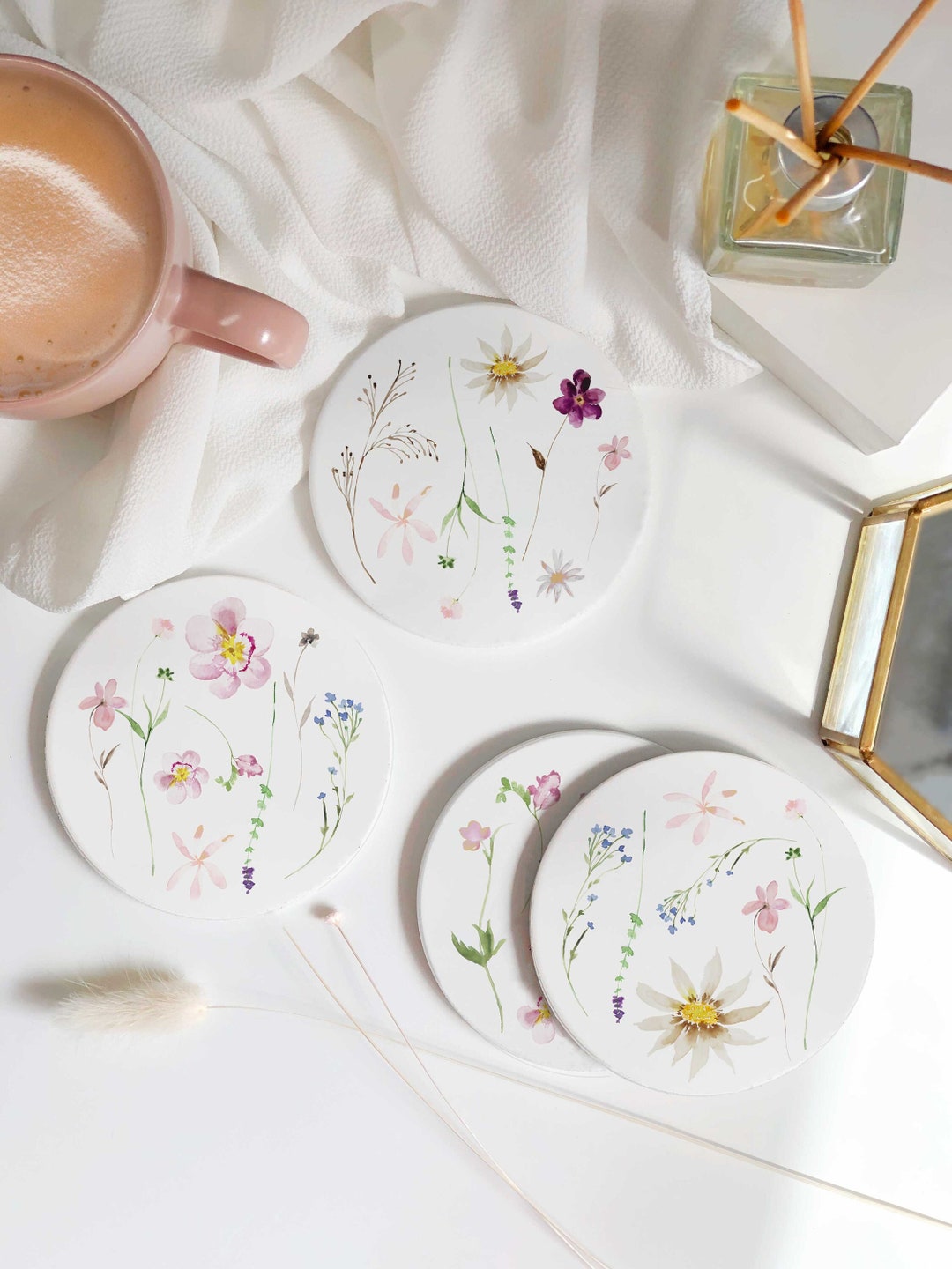 Pressed Flowers Ceramic Coaster Set | Floral Drinks Coaster, Set of ...