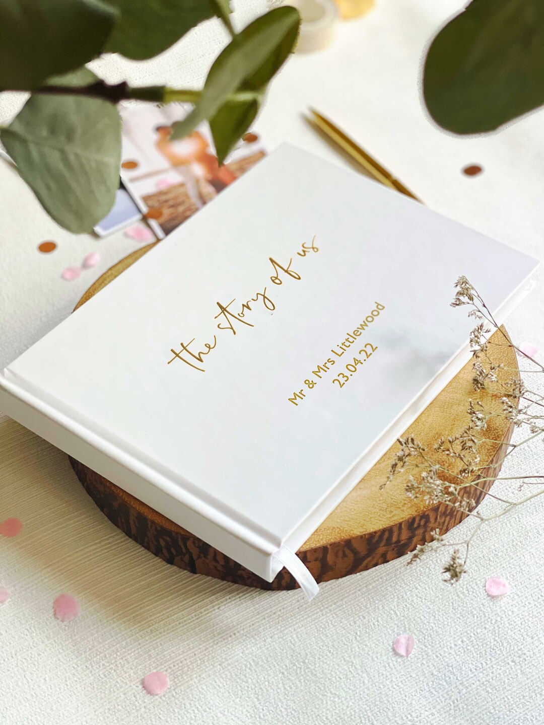 Personalised Wedding Guest Book | Elegant White & Gold Book, Hardback ...