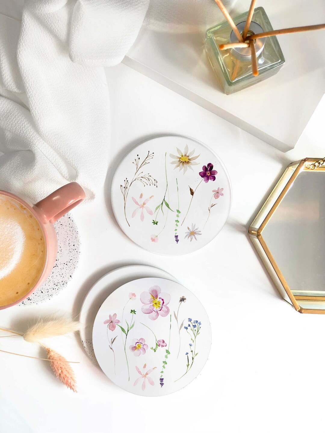 Pressed Flowers Ceramic Coaster Set Floral Drinks Coaster, Set of Four ...