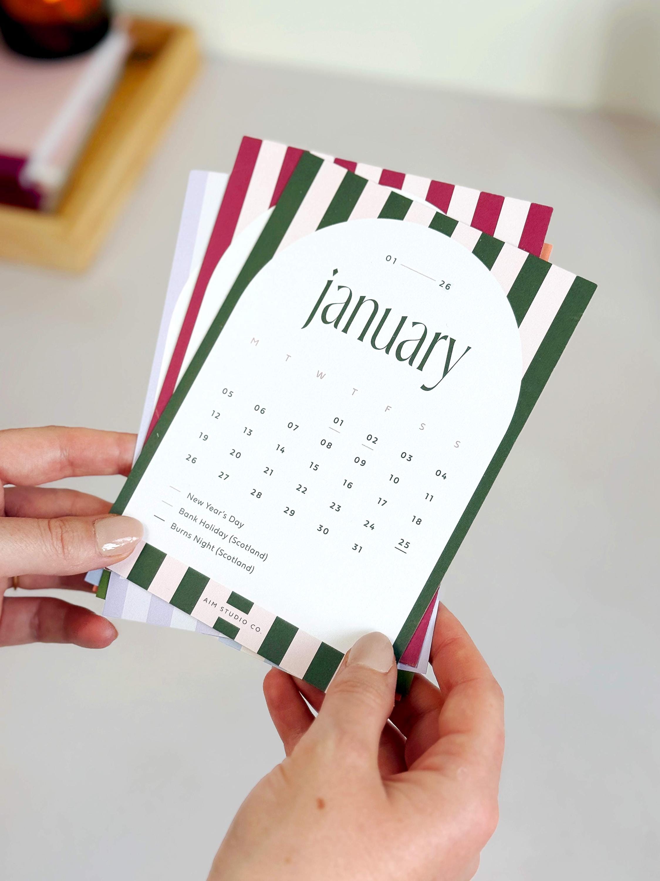 2026 Desk Calendar With Wood Stand: Monthly View, Candy Stripe Design ...