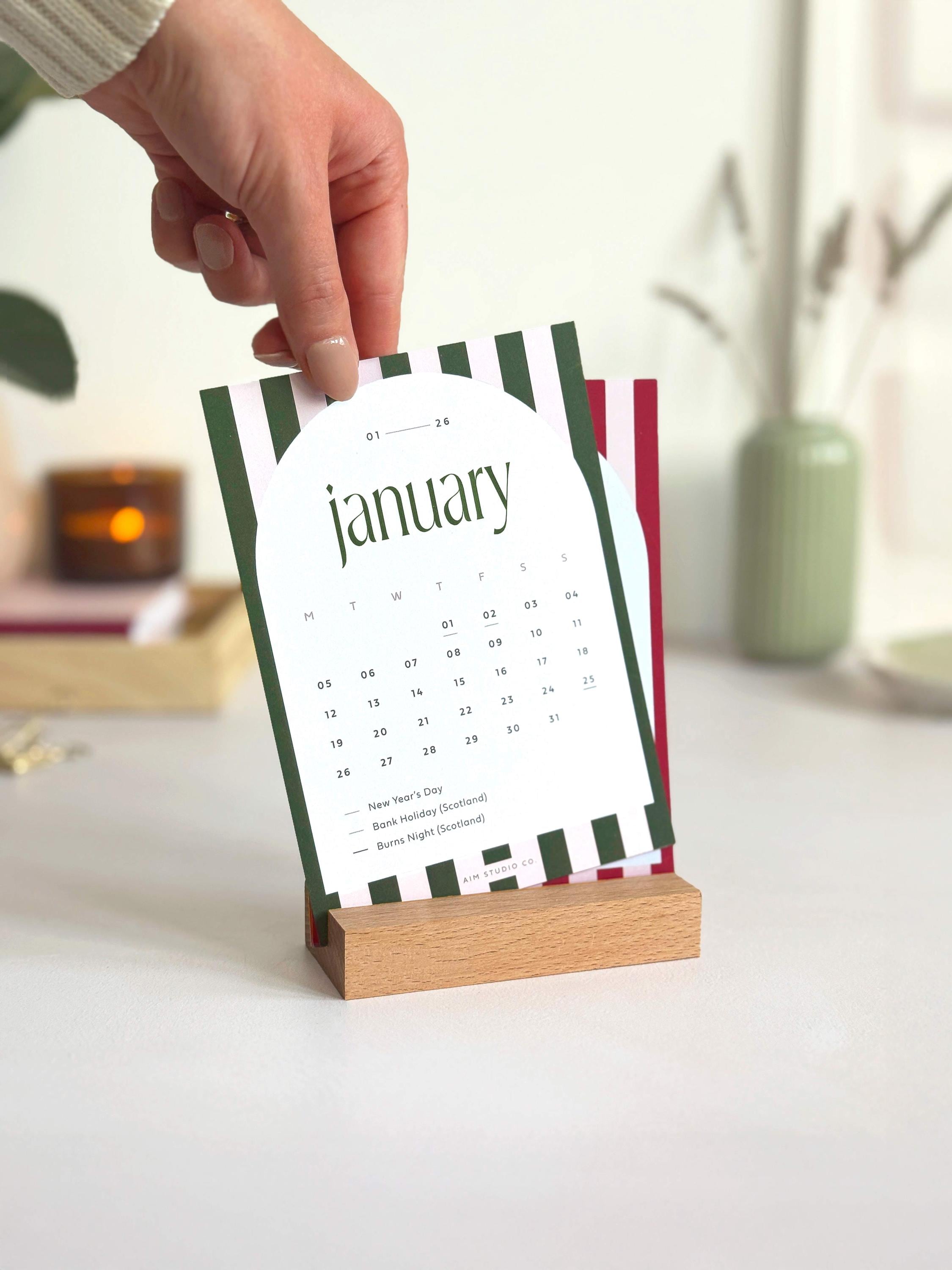 2026 Desk Calendar With Wood Stand: Monthly View, Candy Stripe Design ...