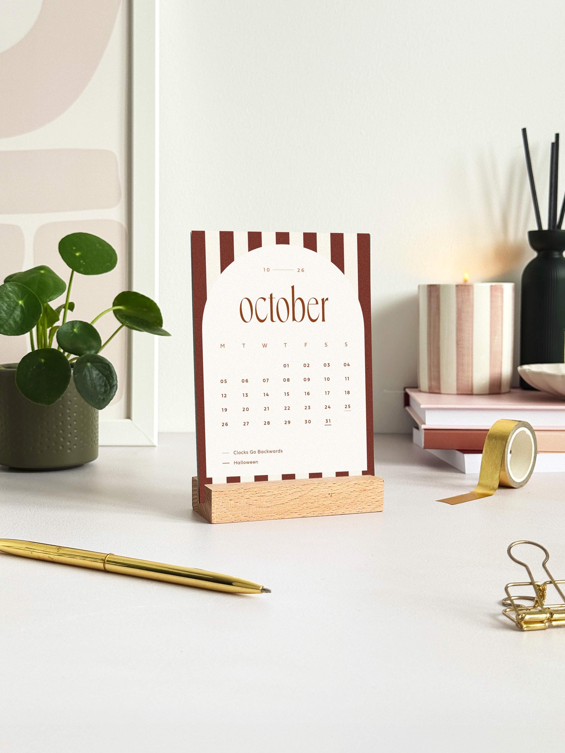 2026 Desk Calendar With Wood Stand: Monthly View, Candy Stripe Design ...
