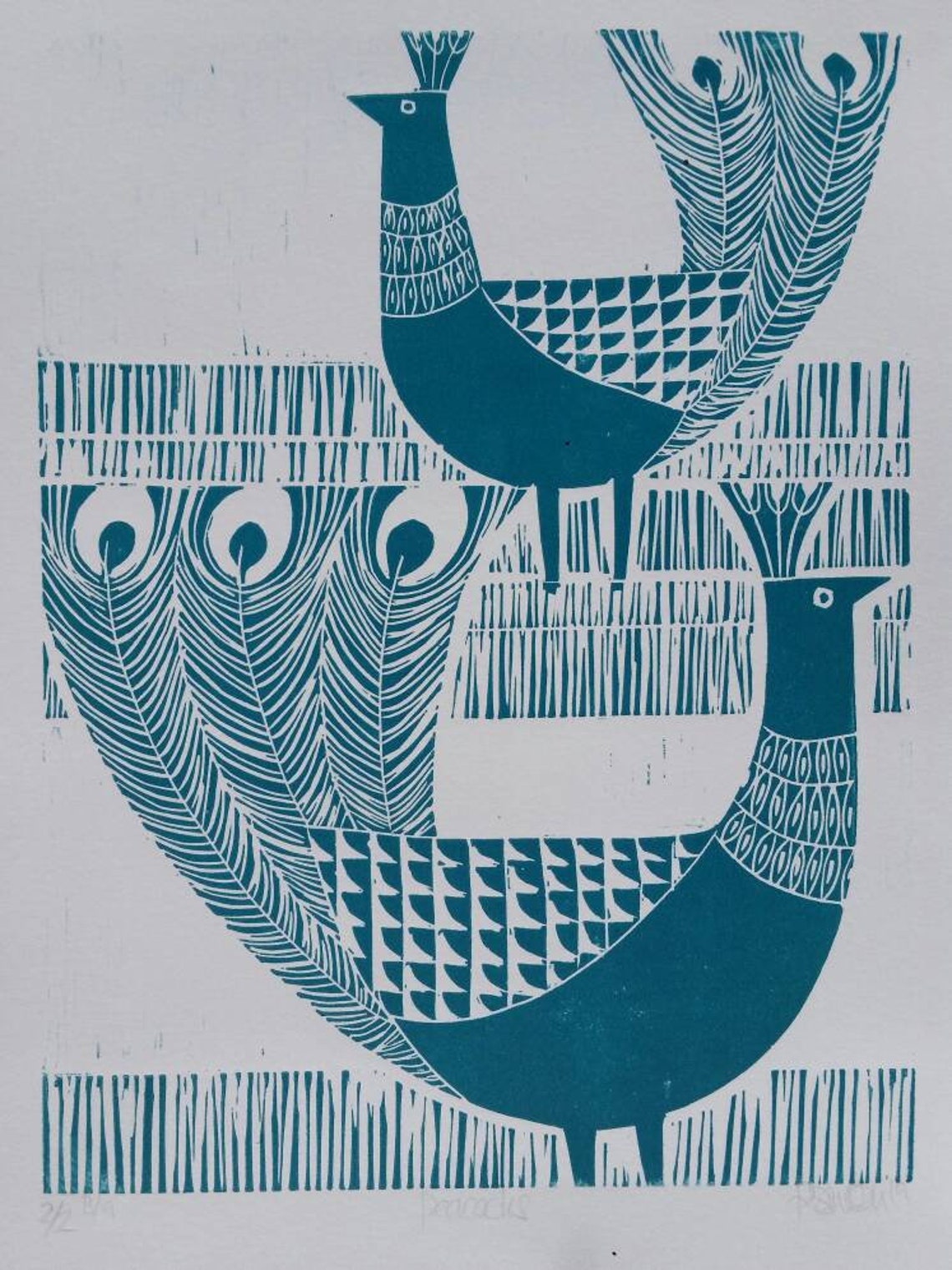 Peacock Print Handmade Linocut in Teal Blue. Midcentury Style Wall Art ...