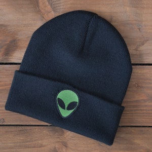 Alien Head Beanie Hat - Unisex Beanie, Alien Patch, Black Hat ...