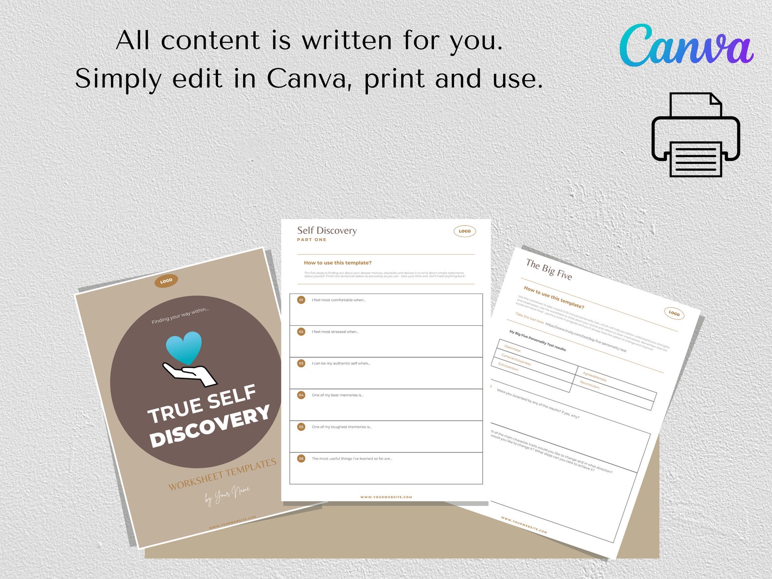 True Self Discovery Worksheets Canva Templates Wellness - Etsy