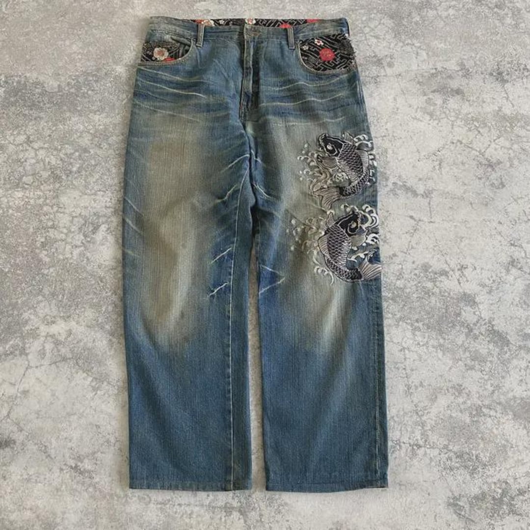 Size 37x30 Karakuri Tamashii Style Dominate Oriental Koi Fish Denim ...