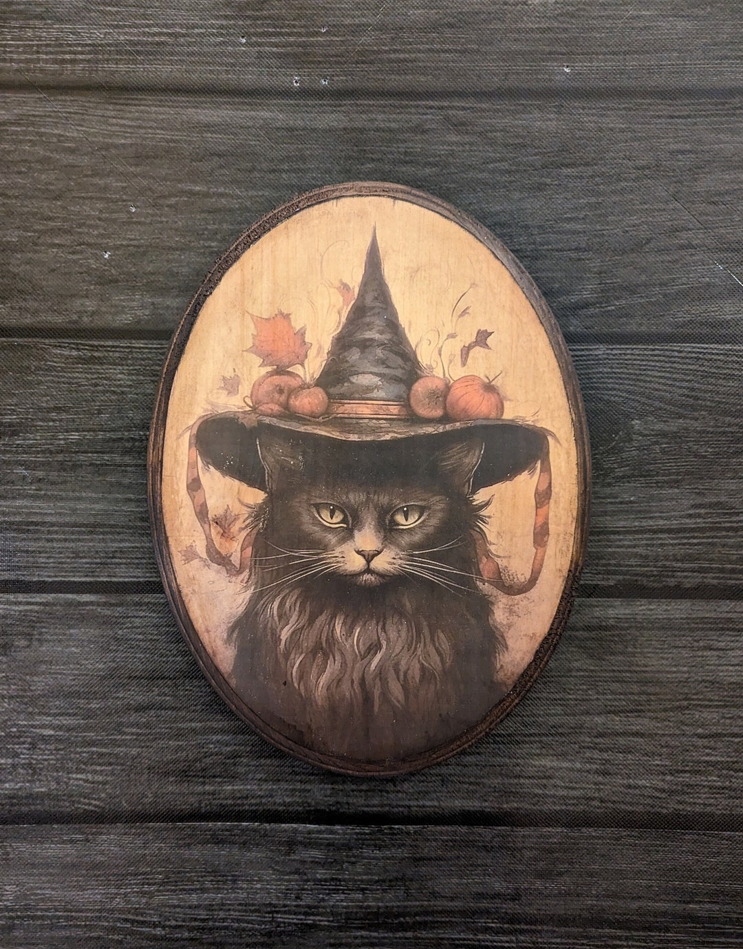 Vintage Black Cat in Witch Hat Halloween Wooden Wall Art - Witch Wall ...