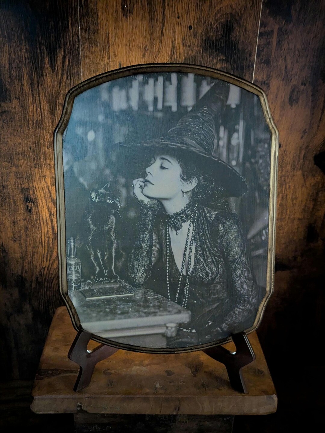 Witch at a Bar With Black Cat Familiar - Witch Wall Art - Handmade Wood ...