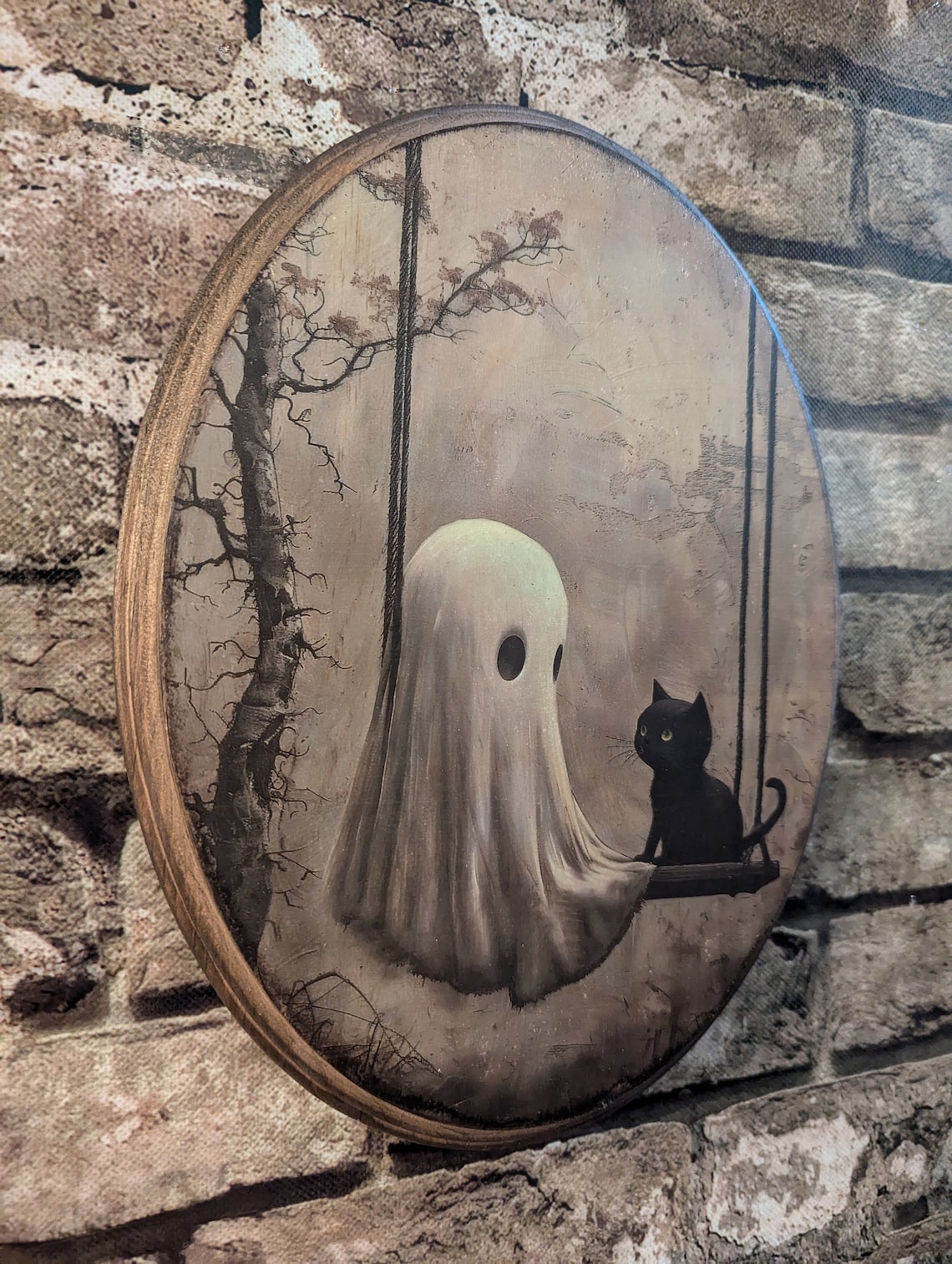 Vintage Ghost on Swing With Black Cat - Halloween Fall Gothic Wall Art ...