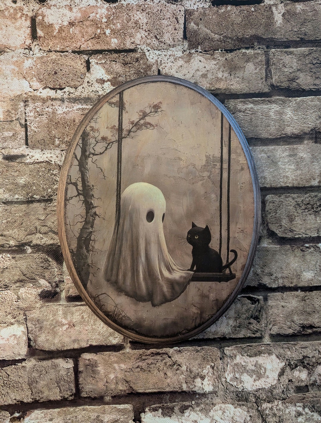 Vintage Ghost on Swing With Black Cat - Halloween Fall Gothic Wall Art ...