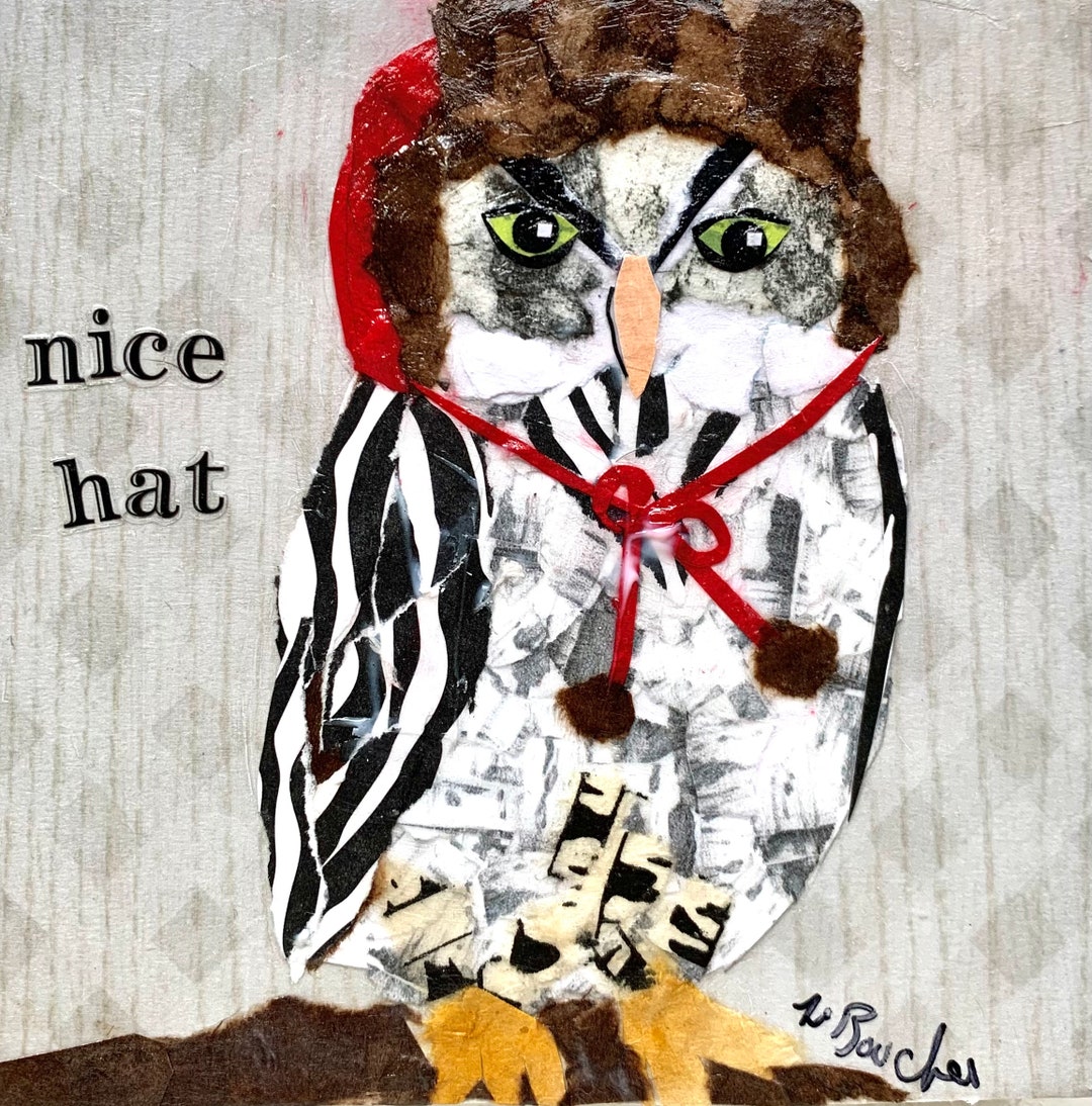 Unique Paper Collage: Owl With a Nice Hat 6x6 Original - Etsy