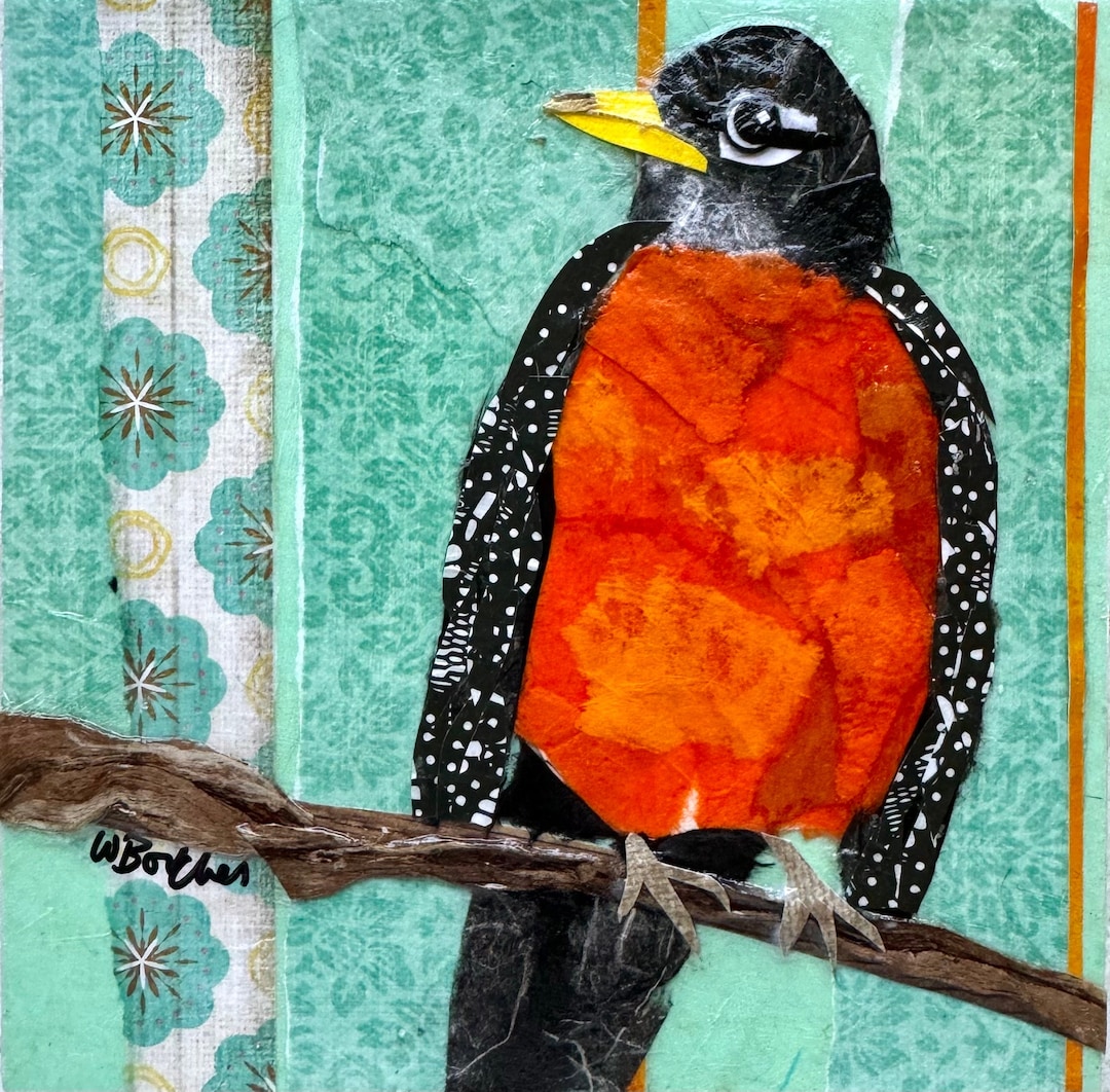 Paper Collage Art, Robin by Wendy Boucher, 6x6”, Ready to Hang or Sit ...