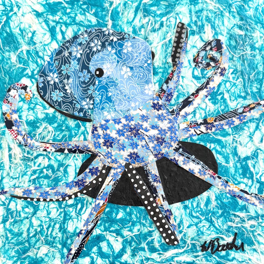 Paper Collage Art, Blue Octopus by Wendy Boucher, 8x8”, Ready to Hang ...