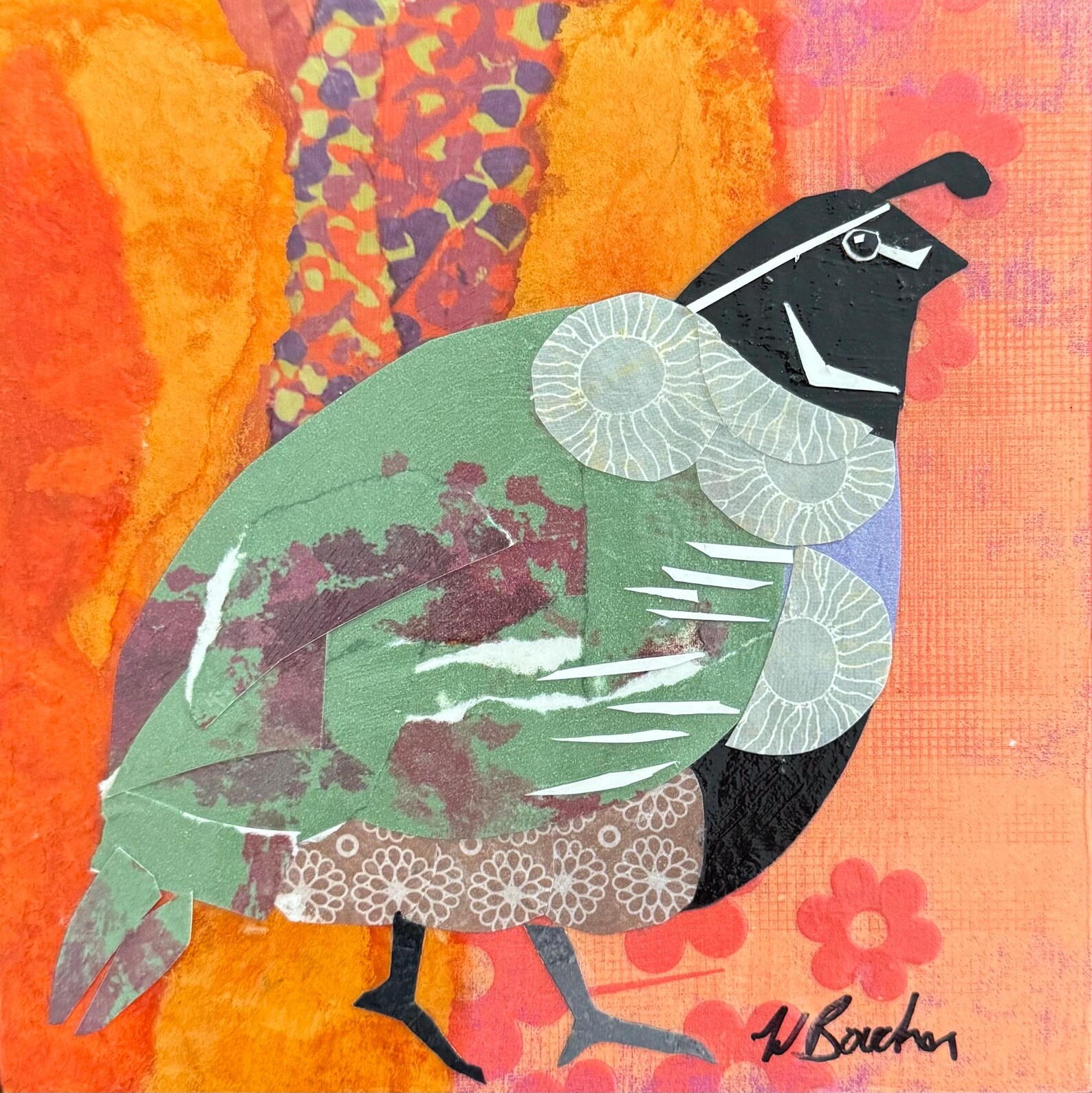 Paper Collage Art, California Quail 4, 6x6”, by Wendy Boucher, Ready to ...