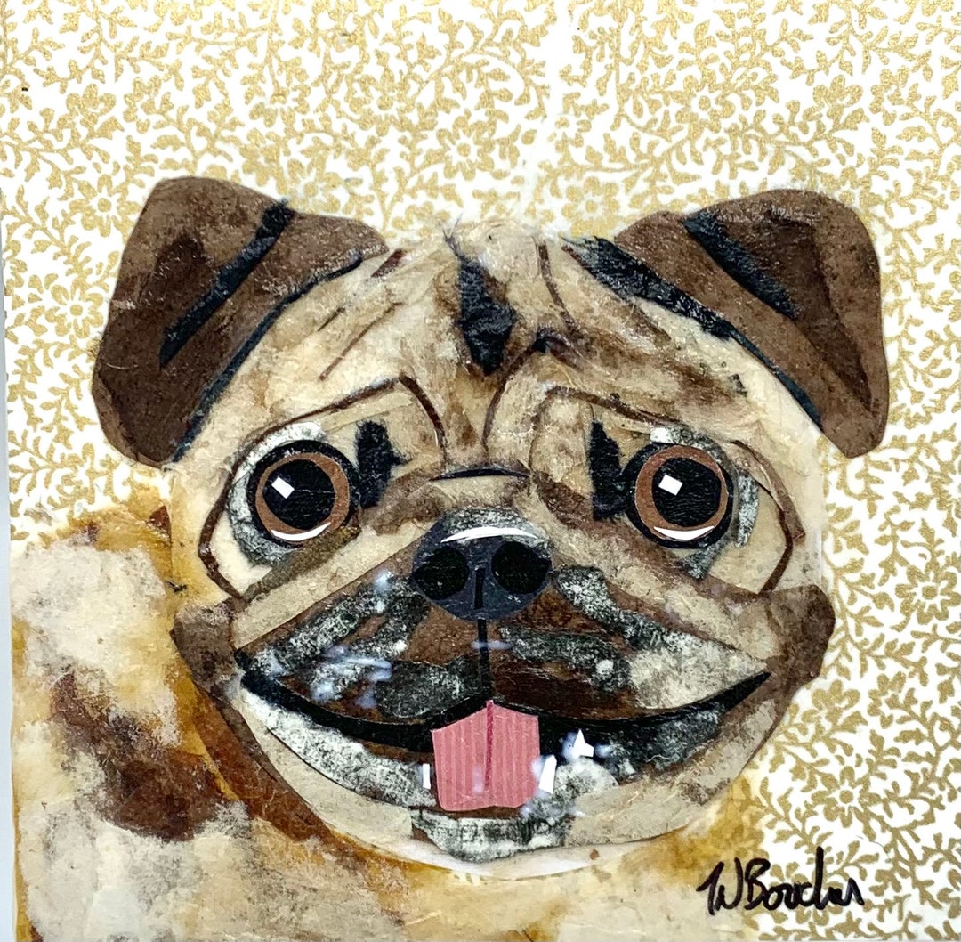 Paper Collage Art, Wee Little Pug, 6x6” Original Collage by Wendy ...