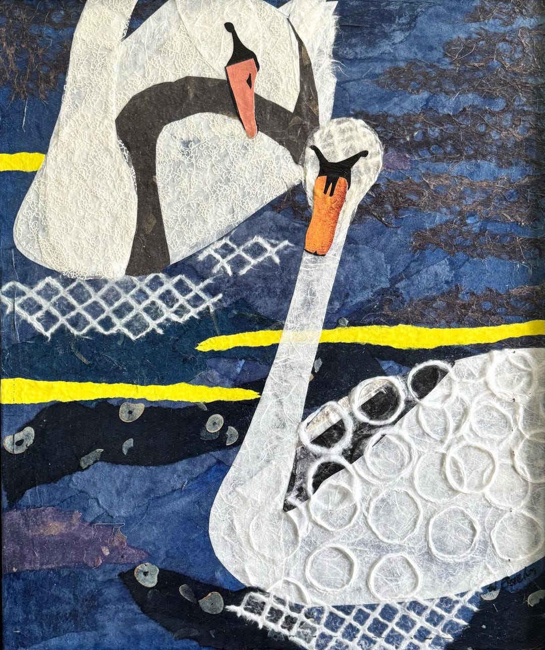 Paper Collage Art, Keukenhoff Swans, Framed Original Collage by Wendy ...