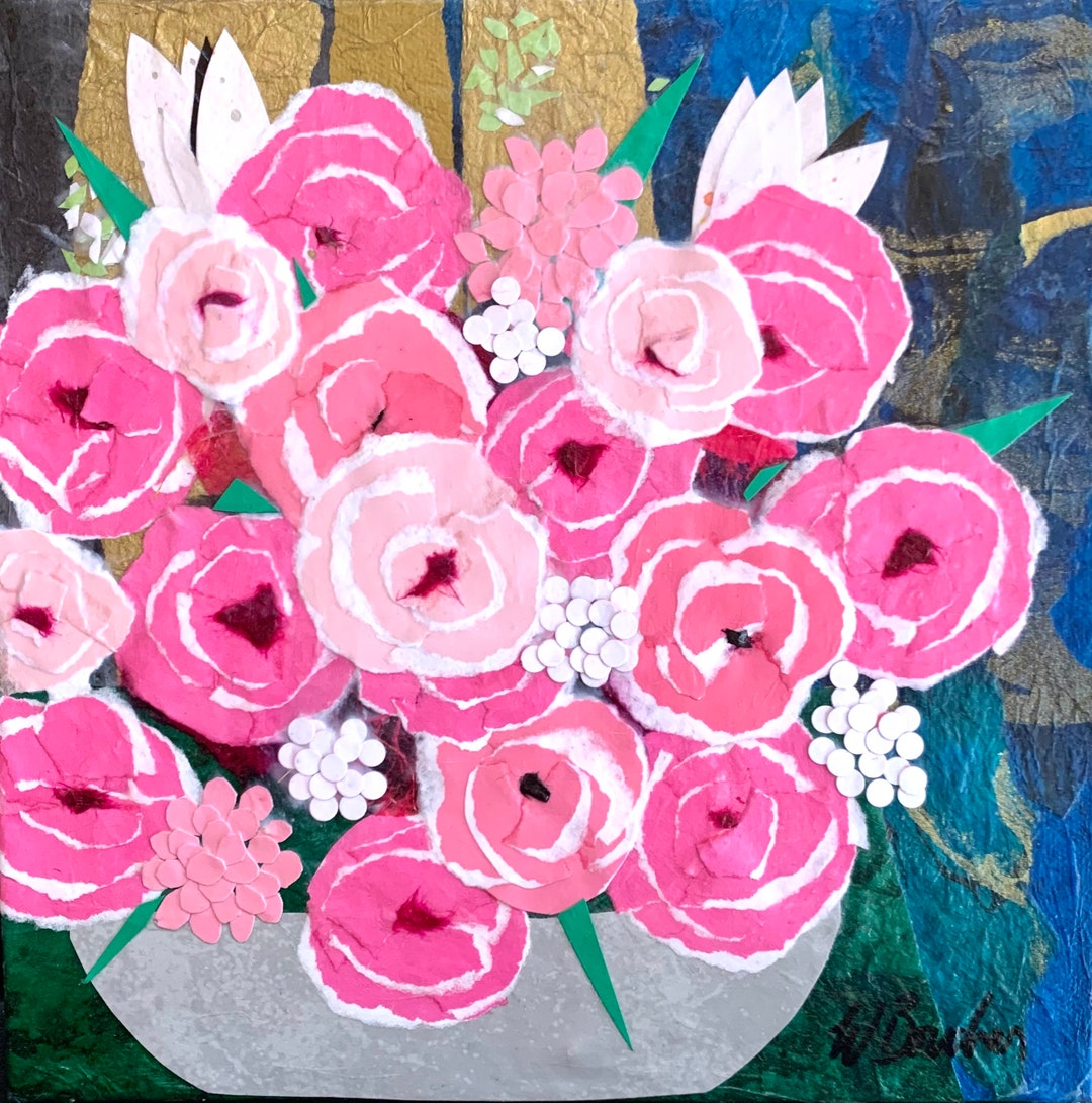 Paper Collage Art, February's Pink Flowers by Wendy Boucher, 10x10 Plus ...