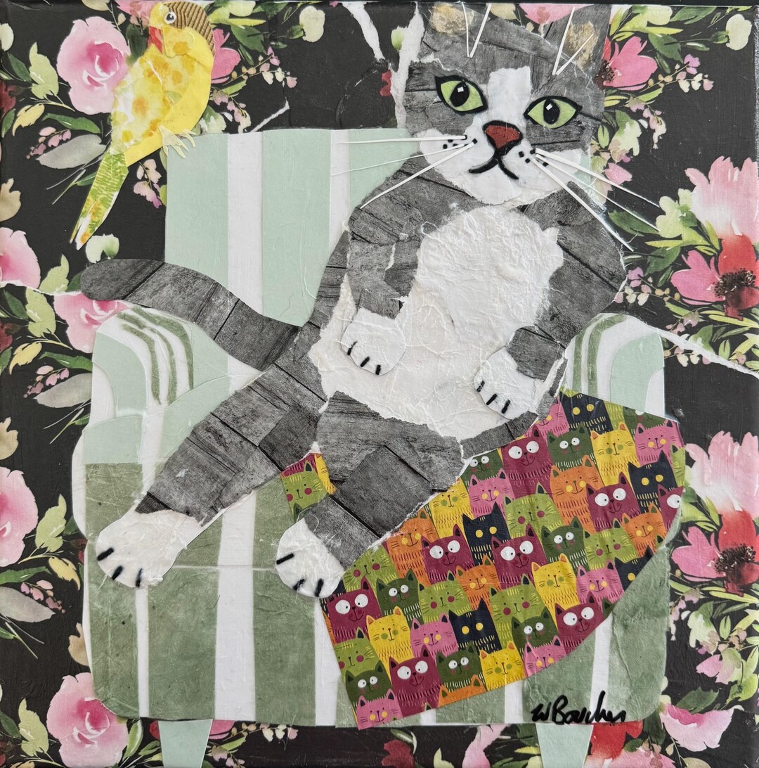 Paper Collage Art, the Chonk and the Parakeet, Original Collage by ...