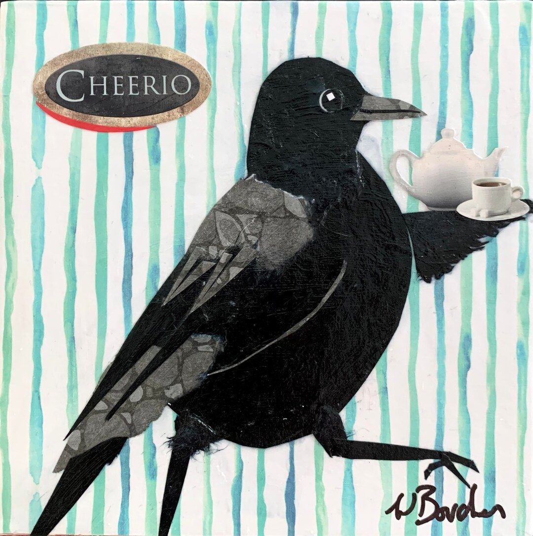 Sweet Paper Collage Art, Cheerio Crow, 6x6, by Wendy Boucher, Ready to Hang - Etsy