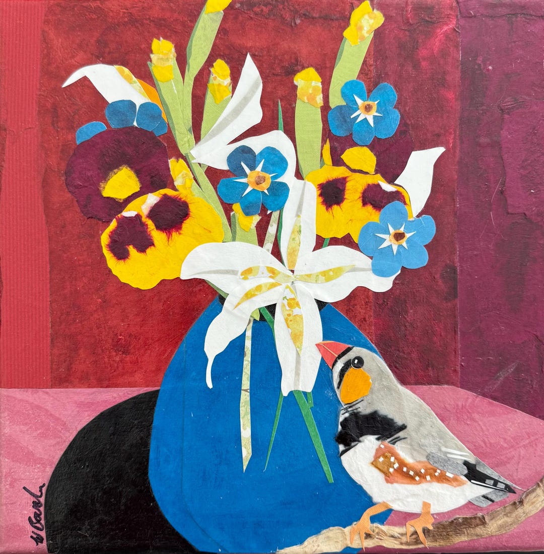 Framed Original Paper Collage, Finch With Flowers by Wendy Boucher ...