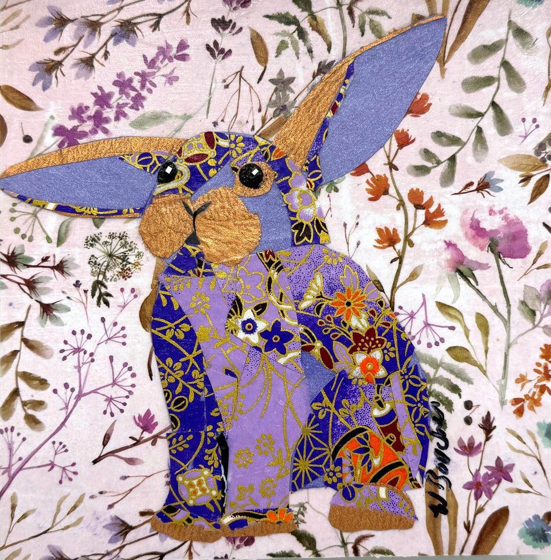 Paper Collage Art of a Little Rabbit, Purple Bun by Wendy Boucher, 6x6 ...