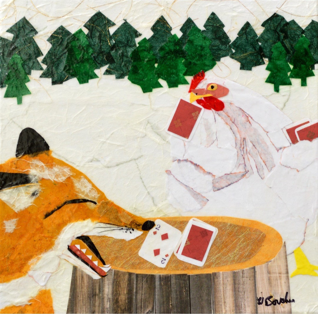 Paper Collage Art, Go Fish by Wendy Boucher, Collage Original, Fox, Hen ...