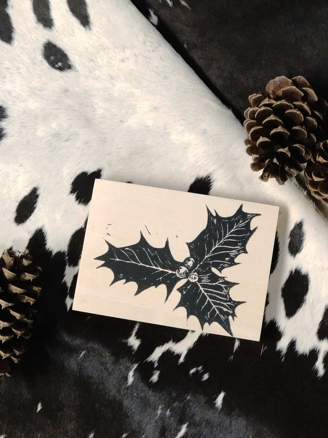 Christmas Holly Wood Panel Print, Linocut Print, Handmade Print, 5x7 ...